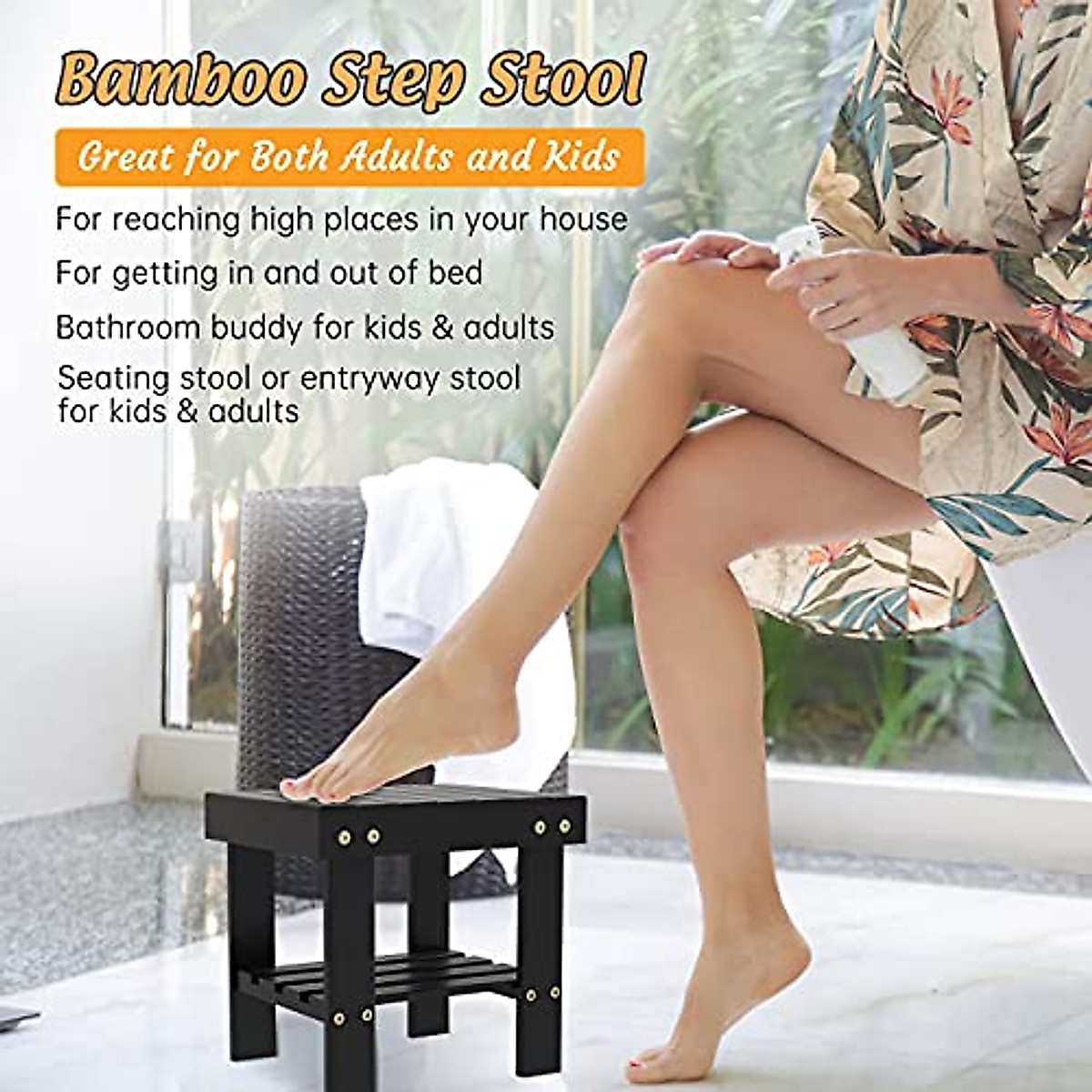 Wooden Step Stool for Kids Adults Small Wood Shower Foot Rest Stool Shaving Legs Potty Stool for Bathroom Sink Bed Kitchen (Black, 10.6 x 8.8 x 10 inches)