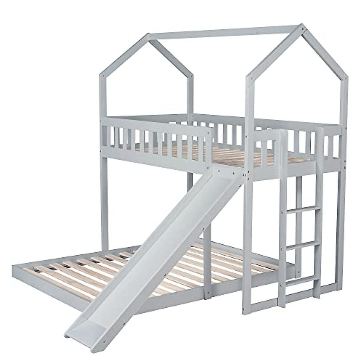 GLORHOME Twin Over Full House Bunk Bed， Detachable to Floor Bedframe and A Loftbed, with Slide, Built-in Ladder,Full-Length Guardrail for Kids Adults,Roof can be Decorated