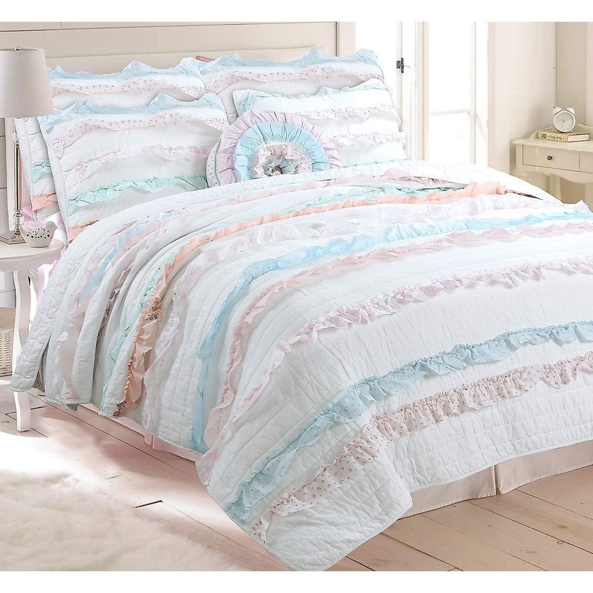 Cozy Line Home Fashions Light Pink Blue Coral White Ruffle 100% Cotton Reversible Girl Quilt Bedding Set, Reversible Coverlet Bedspread (Shabby Chic, Queen - 3 Piece)