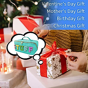 Huifen Stoney Clover Dupes Preppy Makeup Bag, Travel Cosmetic Bag Stuff Bag Chenille Letter Bag Large Capacity Nylon Bags Wide Open Falt Toiletry Bag Make up Organizer for Women Girls (Green)