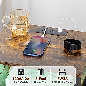 AMHANCIBLE LED Nightstand with Charging Station, Smart End Side Table with USB Port & Power Outlet, Bedside Table with Fabric Drawers for Bedroom, Living Room, Rustic Brown, HET053LBR-1