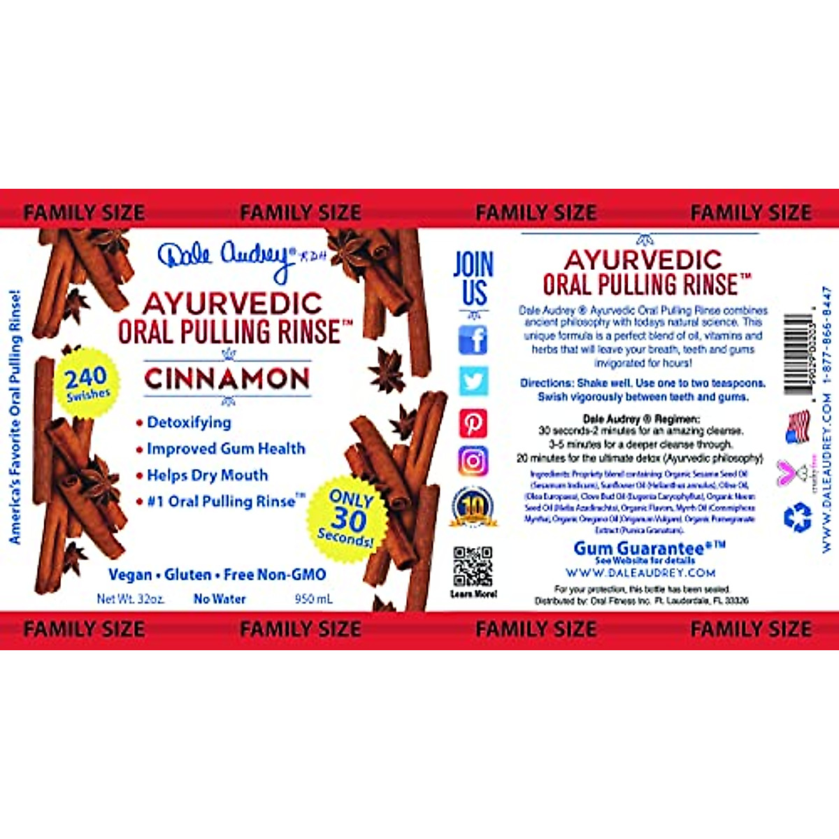 Dale Audrey Natural Oil Pulling for Teeth and Gums | Cinnamon Flavoured Oral Rinse Mouthwash for Bad Breath | Organic Essential Oils to Whitening Teeth & Freshen Breath | (16oz)