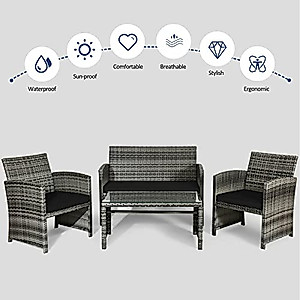 WYKDD 4PCS Patio Rattan Furniture Set Conversation Glass Table Top Sofa Cushioned Loveseat Single Chairs