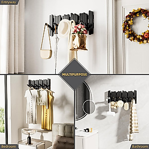 Space Saving Black Coat Rack Wall Mount, Wood Coat Hanger Wall Mount, Bamboo Entryway Hooks, Unique Wall Mounted Coat Rack for Hanging Keys, Hats, Purse, Towels and More (5 Flip-Down Hooks)