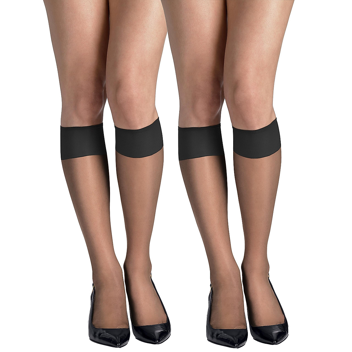Hanes Silk Reflections Sheer Toe Silky Sheer Knee-High Stockings, Barely Black, One Size (Pack of 2)