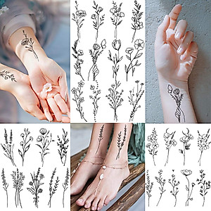 15 Sheets FANRUI Tiny Branch Black Flower Temporary Tattoos For Women Girl Floral Bouquet Small Tattoo Temporary Wild Plant Lavender Sweet Pea Larkspur Fake Tatoo Adults Face Hands Kids Kit Sticker