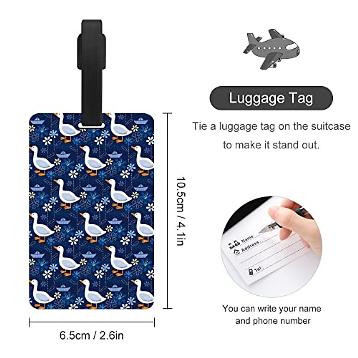 Geese Flowers and Paper Boats Luggage Bag Tag with Name ID Card for Suitcase Travel Printed Labels