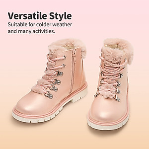 DREAM PAIRS Girls Kids Side Zipper Lace up Faux Fur Ankle Boots,Size 12 Little Kid,Pink/PU,SDBO213K