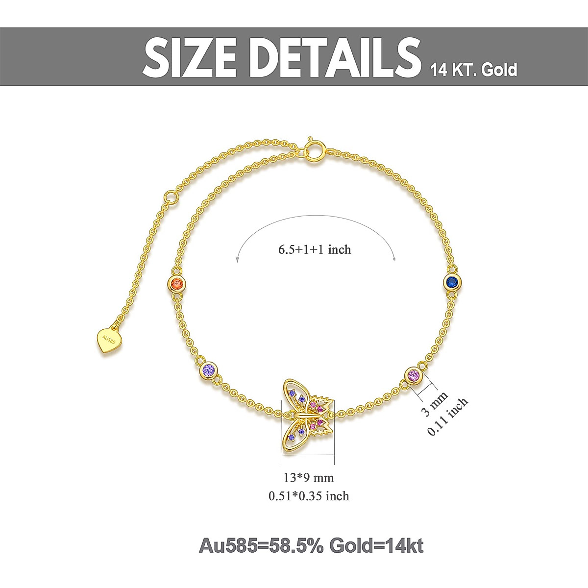 14K Gold Butterfly Bracelets for Women Adjustable Dainty Bracelet with Colorful Cubic Zirconia in 6.5"-8.5"