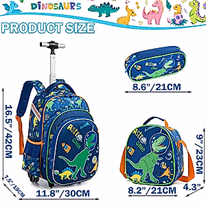Meetbelify Boys Dinosaur Rolling Backpack Kids Backpacks with Wheels for School Bags Luggage