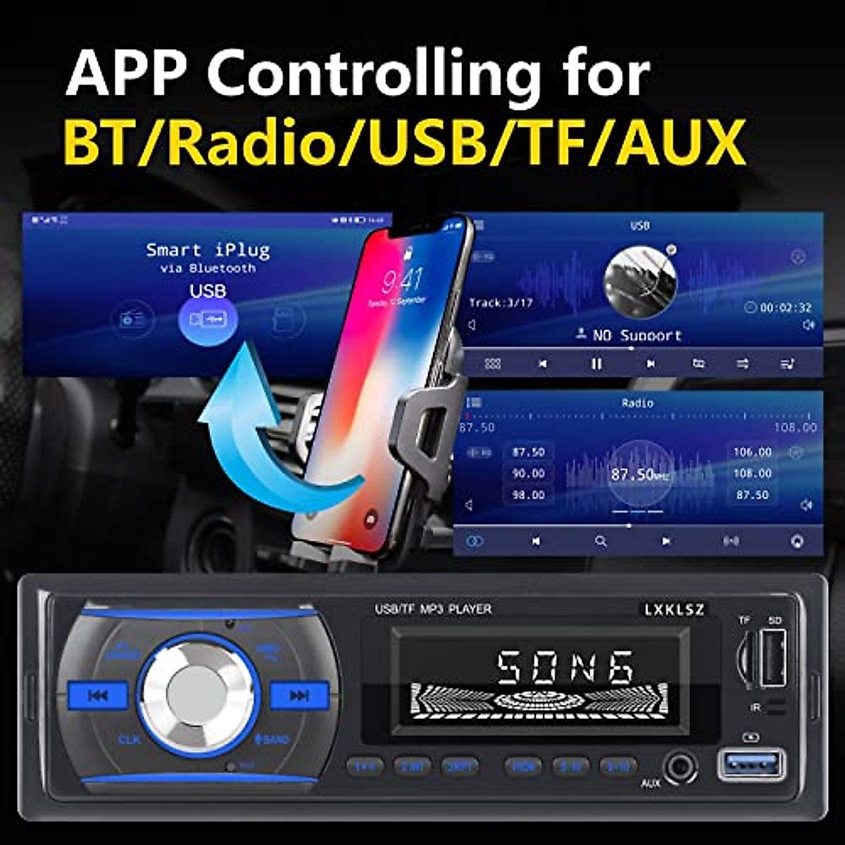 LXKLSZ Auto Radio Car Stereo Bluetooth Single Din LCD Audio Radio with APP Control MP3 Player Supports Hands Free Calling AM/FM Radio AUX Input TF/EQ/USB Fast Charging Radio Receiver
