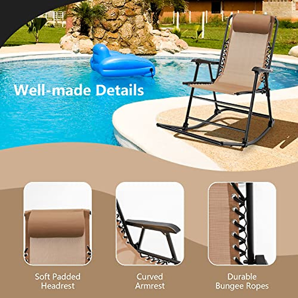 Tangkula Outdoor Folding Rocking Chair, No Assembly Required, Foldable Rocker Recliner with Headrest, Portable Lounge Chair for Camping, Patio, Lawn, Garden, Yard or Balcony Beige