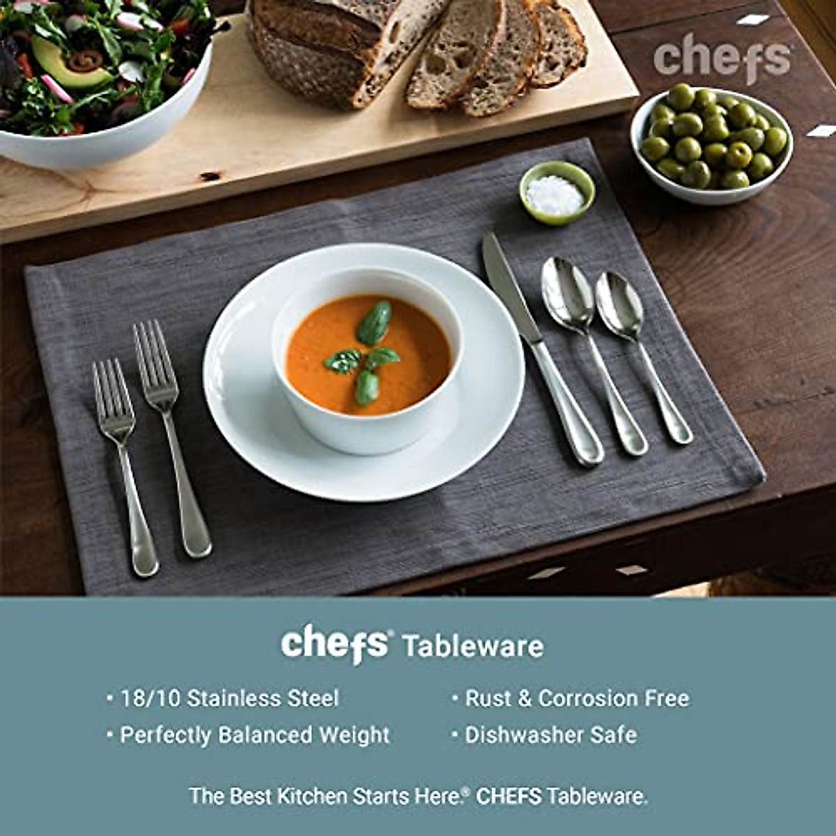 Chefs 18/10 Stainless Steel 44pc Flatware Set, Service for 8, Mesa Satin
