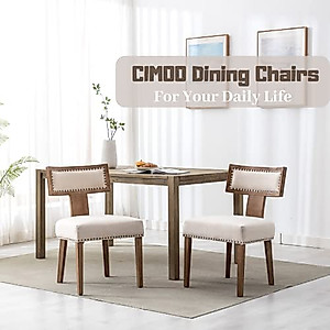 CIMOO Mid Century Modern Dining Chairs Set of 2 Linen Upholstered Dining Chairs Farmhouse Dining Room Chairs with Nailhead Trim Back Wood Legs, Beige and Natural