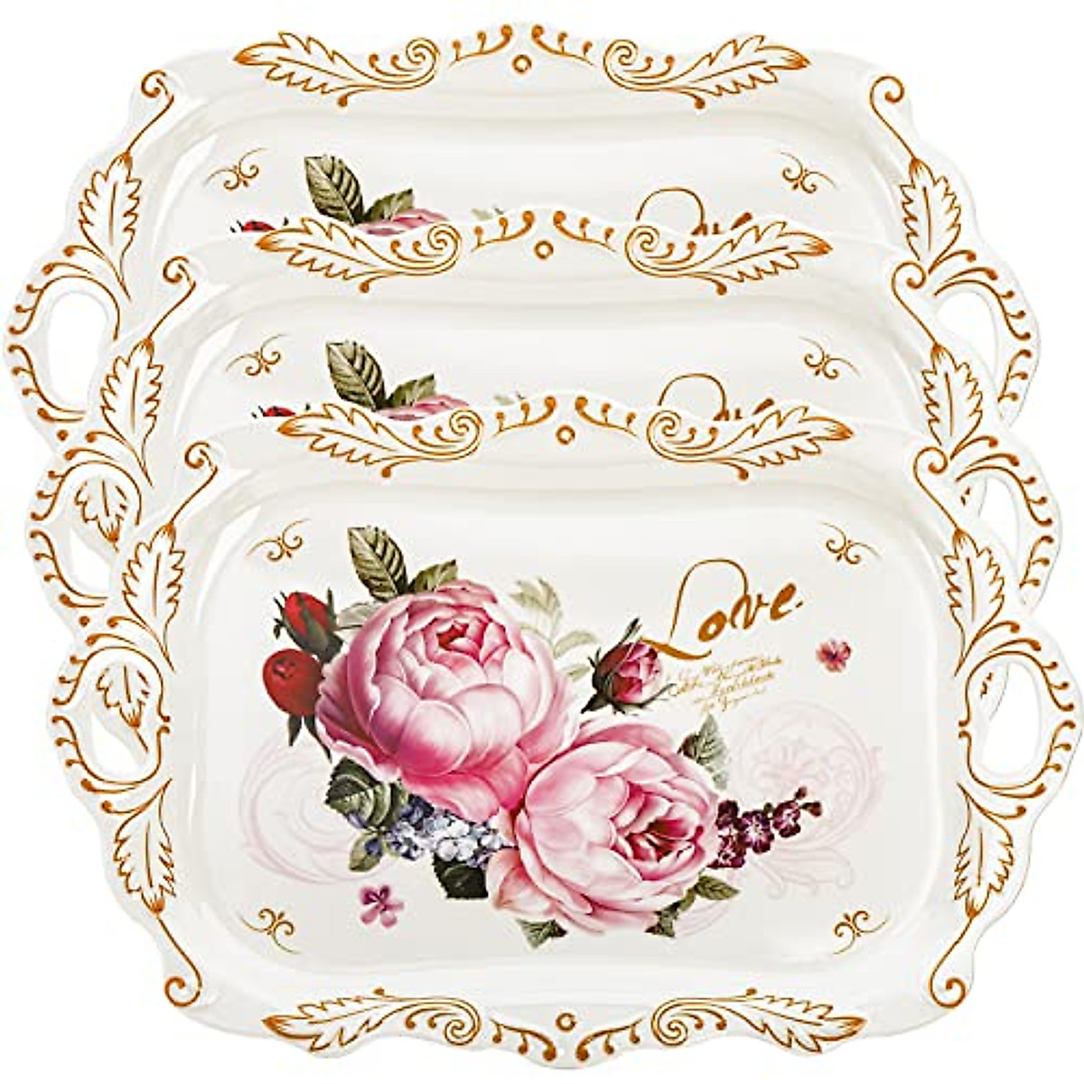 DEAYOU 3-Pack Melamine Serving Tray, Stackable Food Tray with Handles for Eating, Unbreakable Large Serving Platter with Floral Print for Gift, Party, Decor, Home, Restaurant, 16"L x 11"W, Rectangle