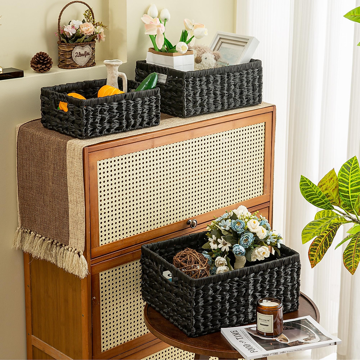 Homepeaz Set of 3 Wicker Storage Baskets, Decorative Baskets With Built-in Handles, Multipurpose Nesting Countertop Baskets for Shelves, Pantry, Kitchen Organizers, Bathroom, Toilet, Closet (Black)