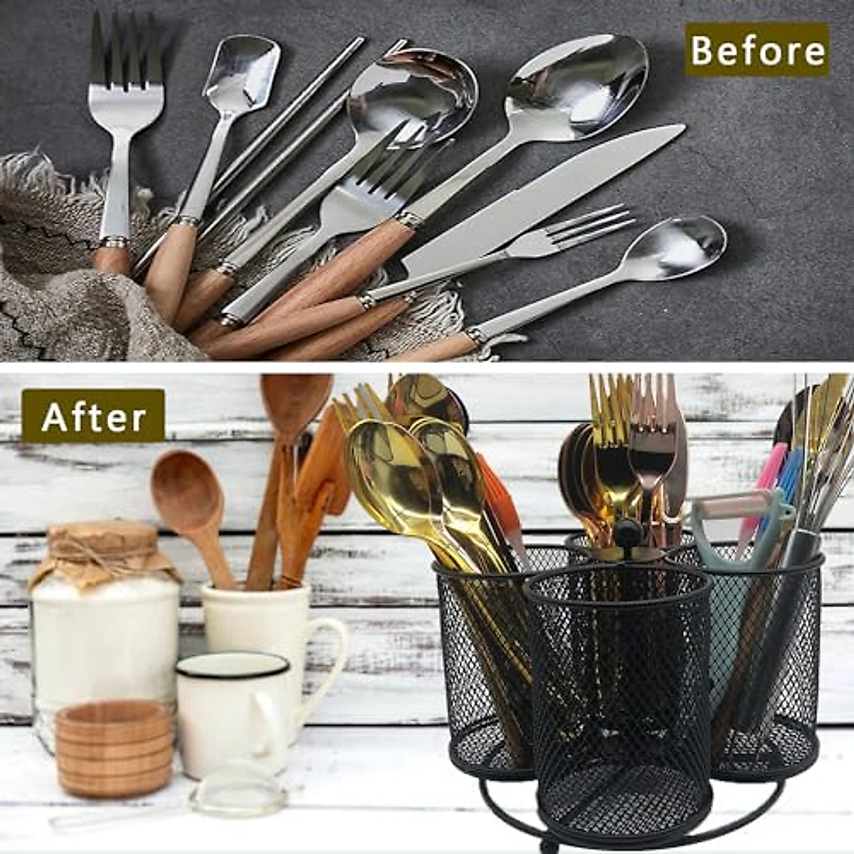 BESSKON 360° Rotating Kitchen Silverware Organizer,Utensil Organizer,4 Compartment Flatware Organizer,Countertop Utensil Holder for Spatula,Knives,Spoons and Forks,Counter Cutlery Caddy for Party