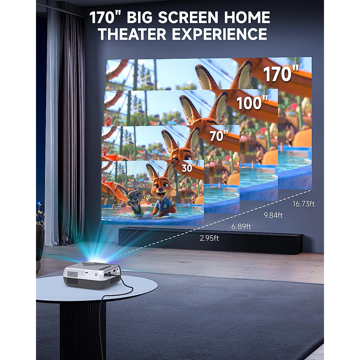 Mini Projector with WiFi, Supported 1080P Full HD, Portable Outdoor Movie Projector, Home Theater Video Projector Compatible with TV Stick/HDMI/USB/PS4/iOS & Android