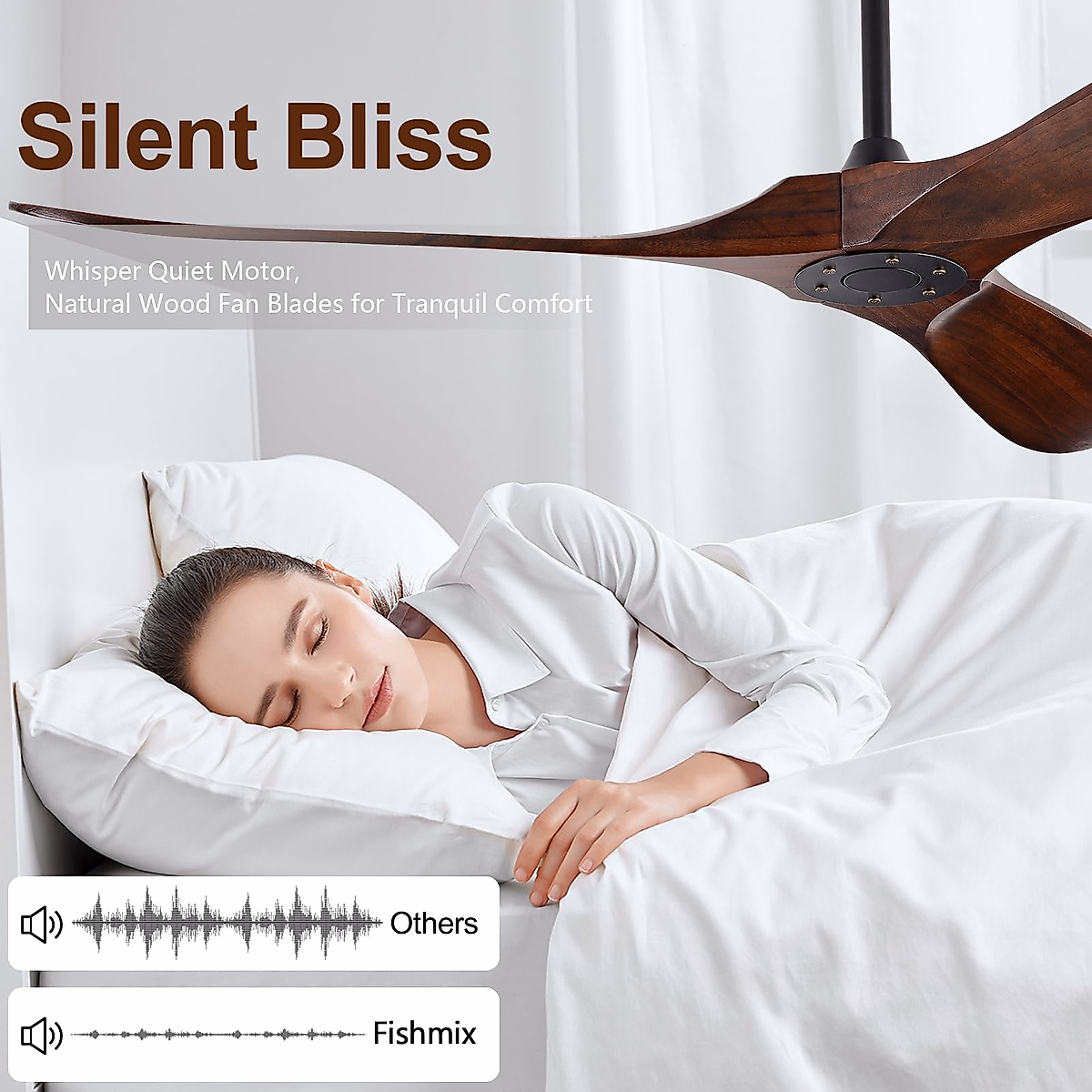 FISHMIX Large 72" Ceiling Fans without Lights, Solid Wood Ceiling Fan No Light with Remote Control Smart Indoor Outdoor Ceiling Fans for Patios, Living Room, Bedroom, Farmhouse Deep Walnut