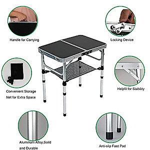 JYEASTZ Folding Table Portable Camping Table with Storage Net, 2ft Aluminum Picnic Table 24" x 16" Adjustable 3-Level Height, Waterproof, Lightweight with Carry Handle for Picnic Beach Outdoor Indoor