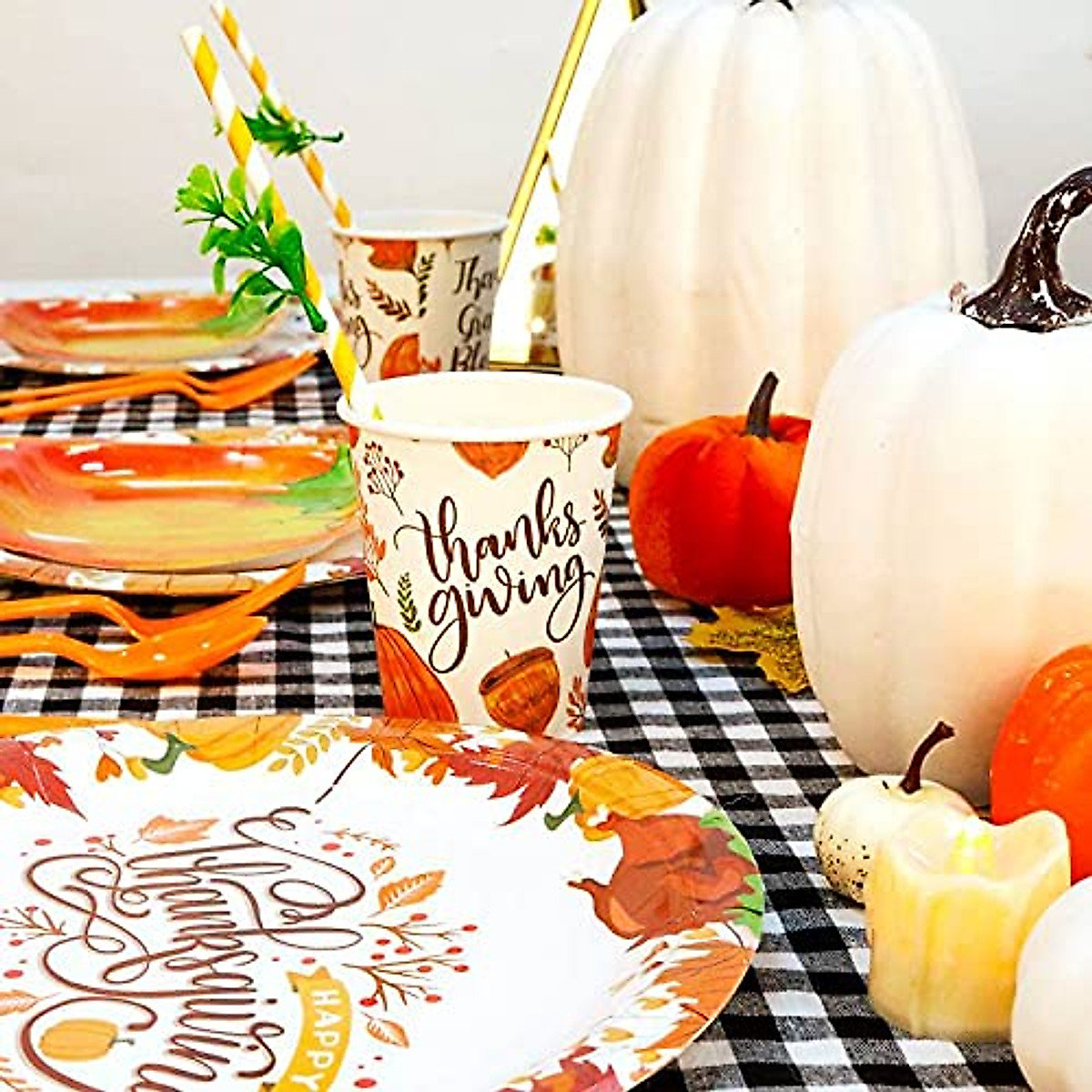 Disposable Thanksgiving Plate And Napkin Set - Pack of 72 - Fall Dinner Party Decorations - Thankful, Grateful Party Supplies - Cups, Cutlery Holder, Napkins Parties Pack - Pumpkins Turkey, Leaves