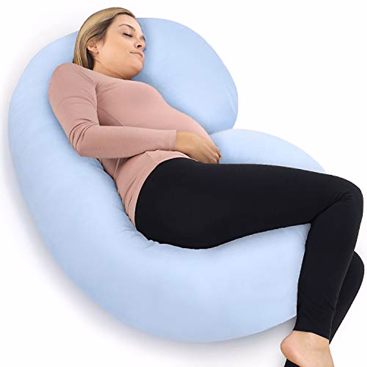 Pharmedoc Pregnancy Pillows, C-Shape Full Body Pillow – Jersey Cover Light Blue – Pregnancy Pillows for Sleeping – Body Pillows for Adults, Maternity Pillow and Pregnancy Must Haves, New Mom Gifts
