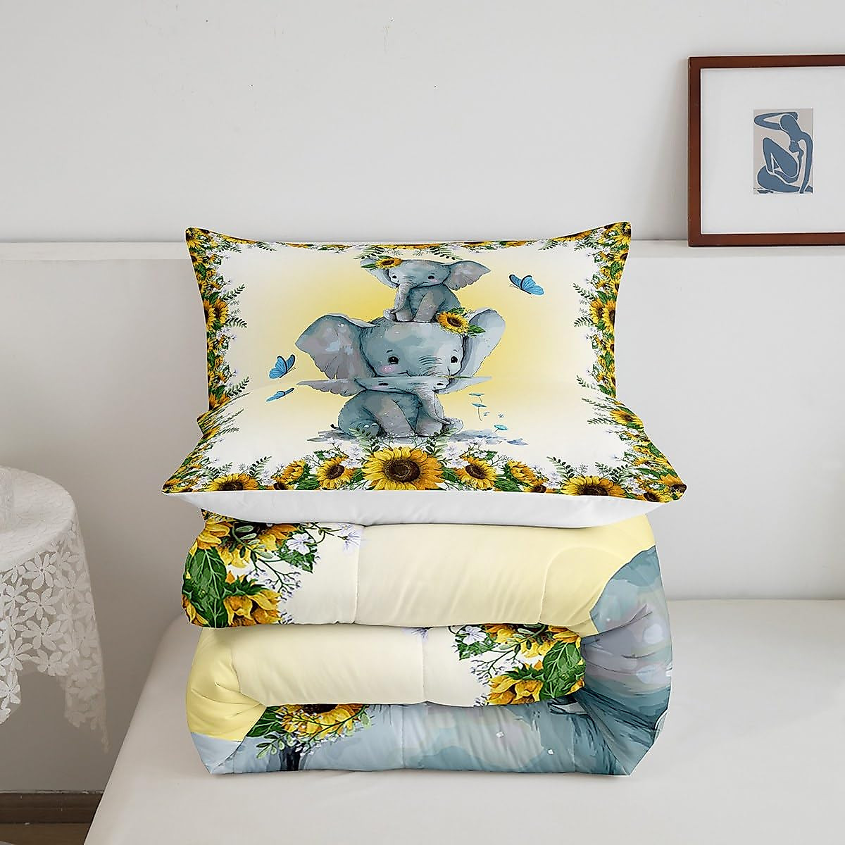 Erosebridal Gray Elephant Comforter Set Kawaii Room Decor,Cartoon Wildlife Woodland Animals Bedding Twin Set for Kids Girls Boys,Yellow Flowers Sunflower Down Comforter Blue Teal Butterfly Decor