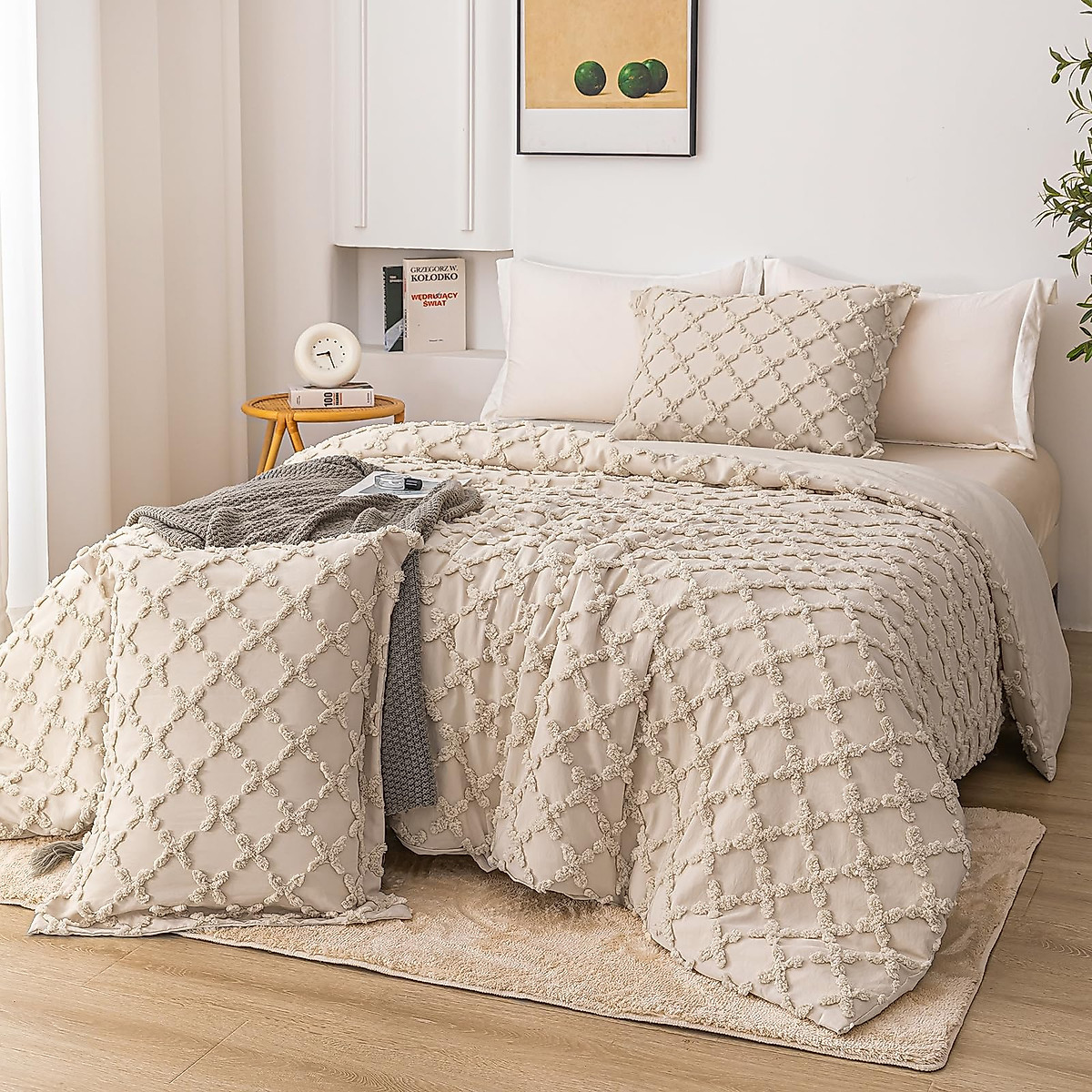 MILDLY Boho Duvet Cover King Size, 3 Pieces Shabby Chic Khaki King Size Comforter Cover for Home, Soft Tufted Duvet Cover with Corner Ties & Zipper Closure-No Comforter