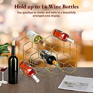 IKITEE Countertop Wine Rack, 14 Bottles Tabletop Wine Holder - No Assembly Required, 3 Tier Freestanding Gold Wine Bottle Organizer, Wine Storage Holder for Kitchen Cabinet Pantry Bar