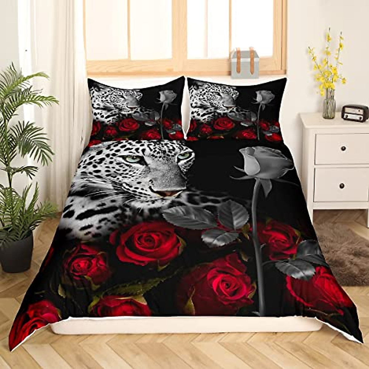 Rose Cheetah Duvet Cover King Size Wedding Valentine's day Bedding Set Black White Leopard Comforter Cover For Adults Men Women wild animal Quilt Cover 2 Pillow Cases Couple Bedroom Decor Red