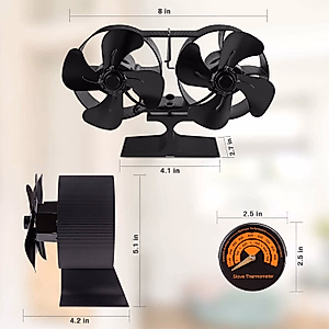 PYBBO Double Motors Wood Stove 8 Blades Small Size Fan, Silent Heat Warm Air Powered Fireplace Eco Stove Fan for Gas/Pellet/Wood/Log Burning Stoves with Thermometer