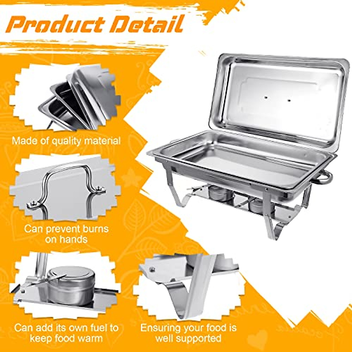6 Pcs Chafing Dish Buffet Set 8 Qt Stainless Steel Chafer Complete Set Catering Buffet Servers and Warmers with Foldable Frame, Food Pan, Fuel Holder and Lid for Parties Banquet Wedding (Full Size)