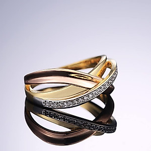 925 Sterling Silver Women's Fashion Tricolor Geometric Line Cross Ring in 18K Rose Gold Ring Sparkling Full Diamond Ring Multi Row Cross Ring Eternity Engagement Wedding Rings Sizes 6-10 562 (7)