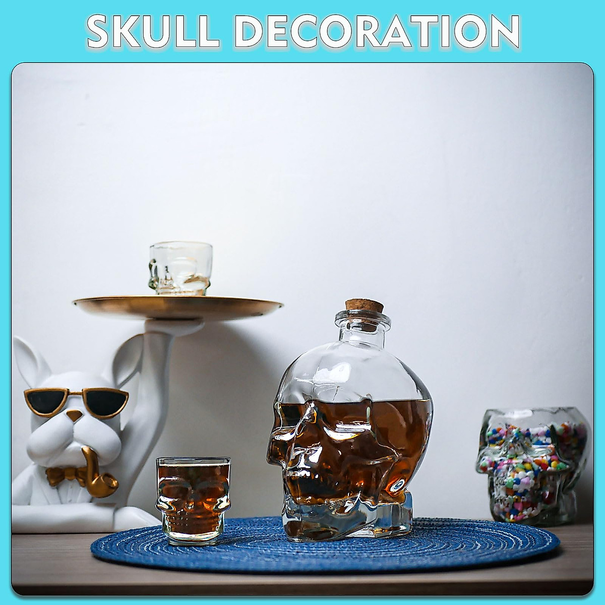GXFCCYXT Skull Decanter Set 25oz/750ml Crystal Glass Skull Liquor Bottle with 2 Small 50ml Skull Cups Funny Halloween Decor Whiskey Decanter for Liquor Vodka Wine Bourbon or More