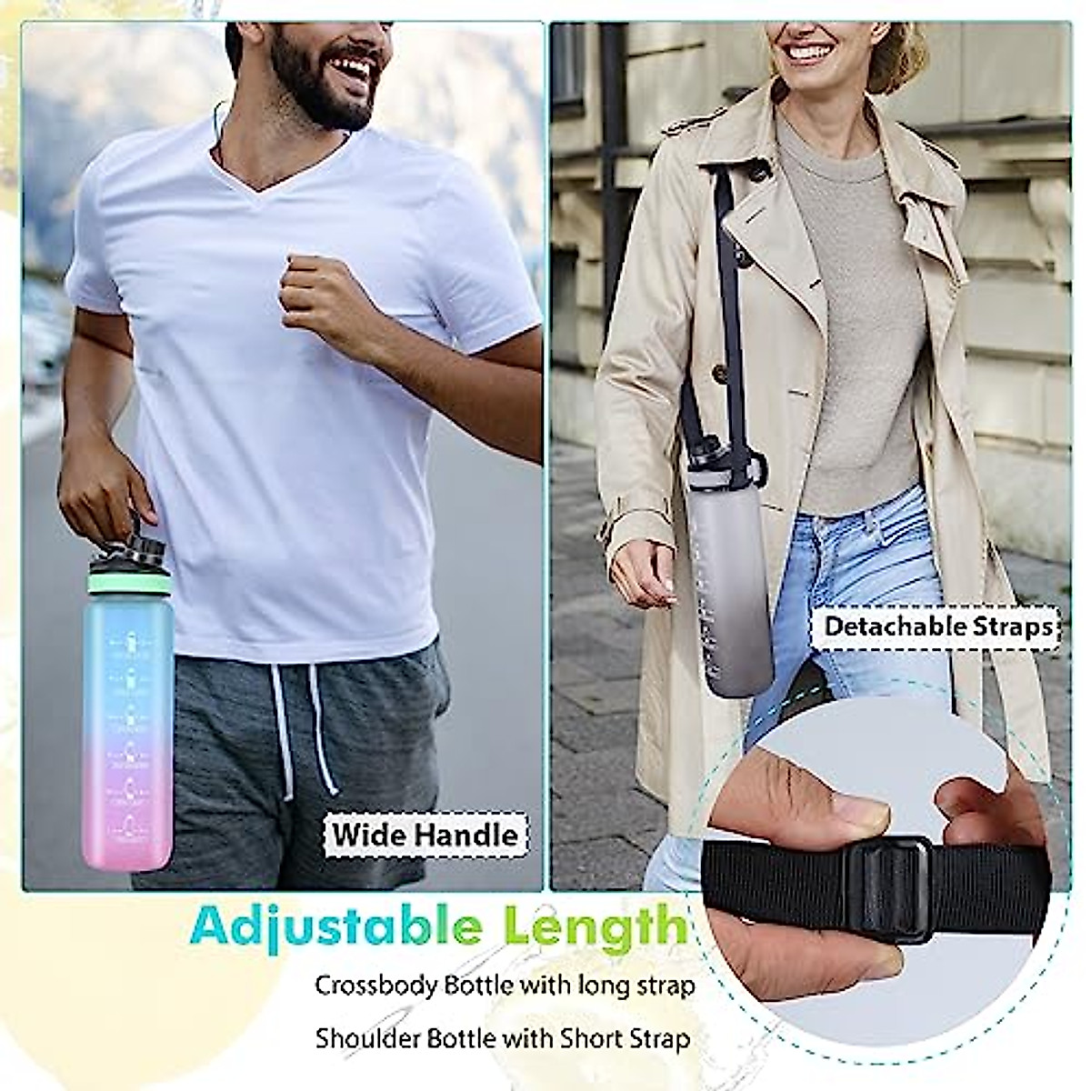 SUPPRUI Water Bottle 34 oz,Motivational Drink Bottle with Time Marker,Leak-proof Drink Bottle BPA Free Non-Toxic for Running,Cycling & Gym(Pink)