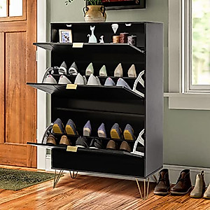 Scurrty 31.5'' 3-Tier Shoe Rack Entryway Cabinet Storage with Drawers, Adjustable Free Standing Shoe Shelf Organization for Closet Hallway with 4 Metal Legs Anti-Tipping Black…