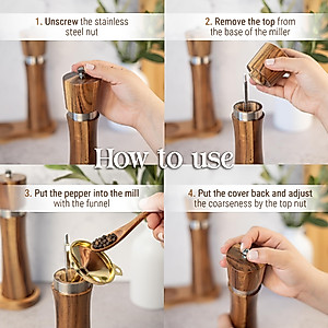 Wooden Salt and Pepper Grinder Set, Manual 8-inch, Salt and Pepper shakers Refillable with Adjustable Coarseness, Salt grinder, Pepper Grinder, pepper mill, Base, Funnel, Spoon, Cleaning Brush