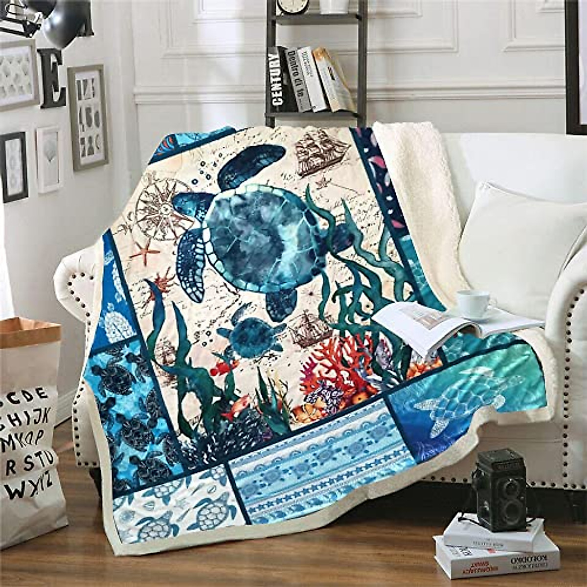 Zzkslife Sea Turtle Blanket Sherpa Fleece Blanket Cute Turtle Decor Animal Blanket for Bed Couch Stitch Blanket Blue Sea Turtle Gifts for Women(Turtle Throw,60"×80")