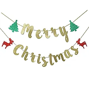 Merry Christmas Glitter Gold Burlap, Reindeer Banner, Christmas Party Favors (Gold)