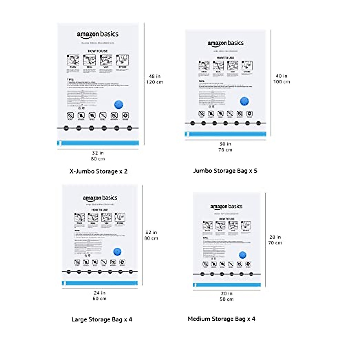 Amazon Basics Vacuum Compression Zipper Storage Bags With Hand Pump, 15-Pack, Multiple, White