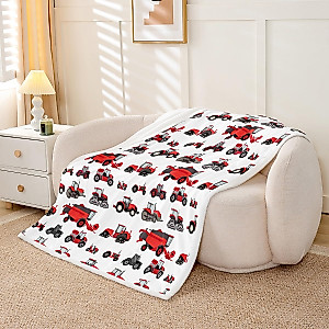 Erosebridal Red Tractor Flannel Blanket Heavy Equipment Truck Sherpa Blanket Kids Boys Girls Teens Harvester Tractor Throw Blanket Construction Excavator Farm Equipment Plush Blanket Baby 30"x40"