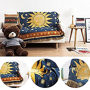 UNIGARDEN Moon and Sun Throw Blanket Multi-Function Double Sided Cotton Woven Couch Throws Tassels Blue Yellow 51"X71"