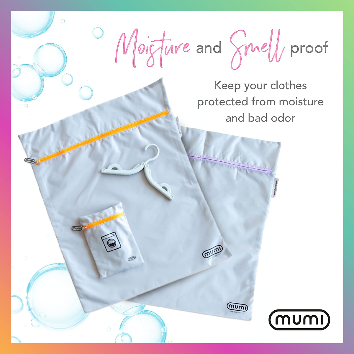 mumi Travel Laundry Bag, Moisture and Smell-Proof, Wash Bags Separate Laundry from Clean Clothes, with Folding Hanger and Outer Bag