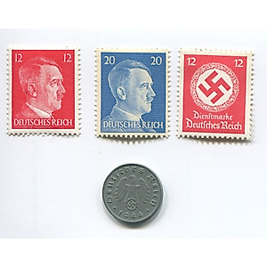 Premium Nazi World War Two WW2 German Third Reich Swastika Coin and Hitler Stamp Set/Collection