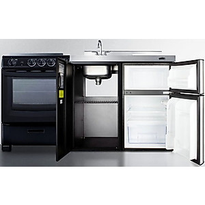Summit Appliance ACK63ELSTB 64" Wide All-in-one Kitchenette with 4-Burner 220V Smooth-top Electric Range, Refrigerator-Freezer Sink, Cutting Board and Cutlery Storage, and Storage Cabinet