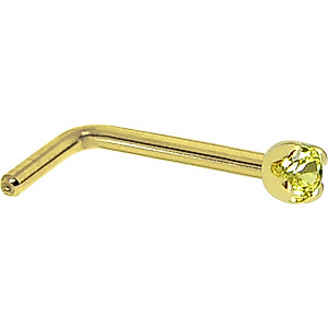 Body Candy Solid 14k Yellow Gold 1.5mm (0.015 cttw) Genuine Yellow Diamond L Shaped Nose Stud Ring 20 Gauge 1/4"