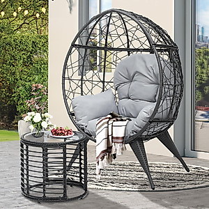 YITAHOME Egg Chair with Table Outdoor Egg Lounge Chair with Cushion Wicker Chair PE Rattan Chair Table Included for Patio, Garden, Backyard, Porch, Gray