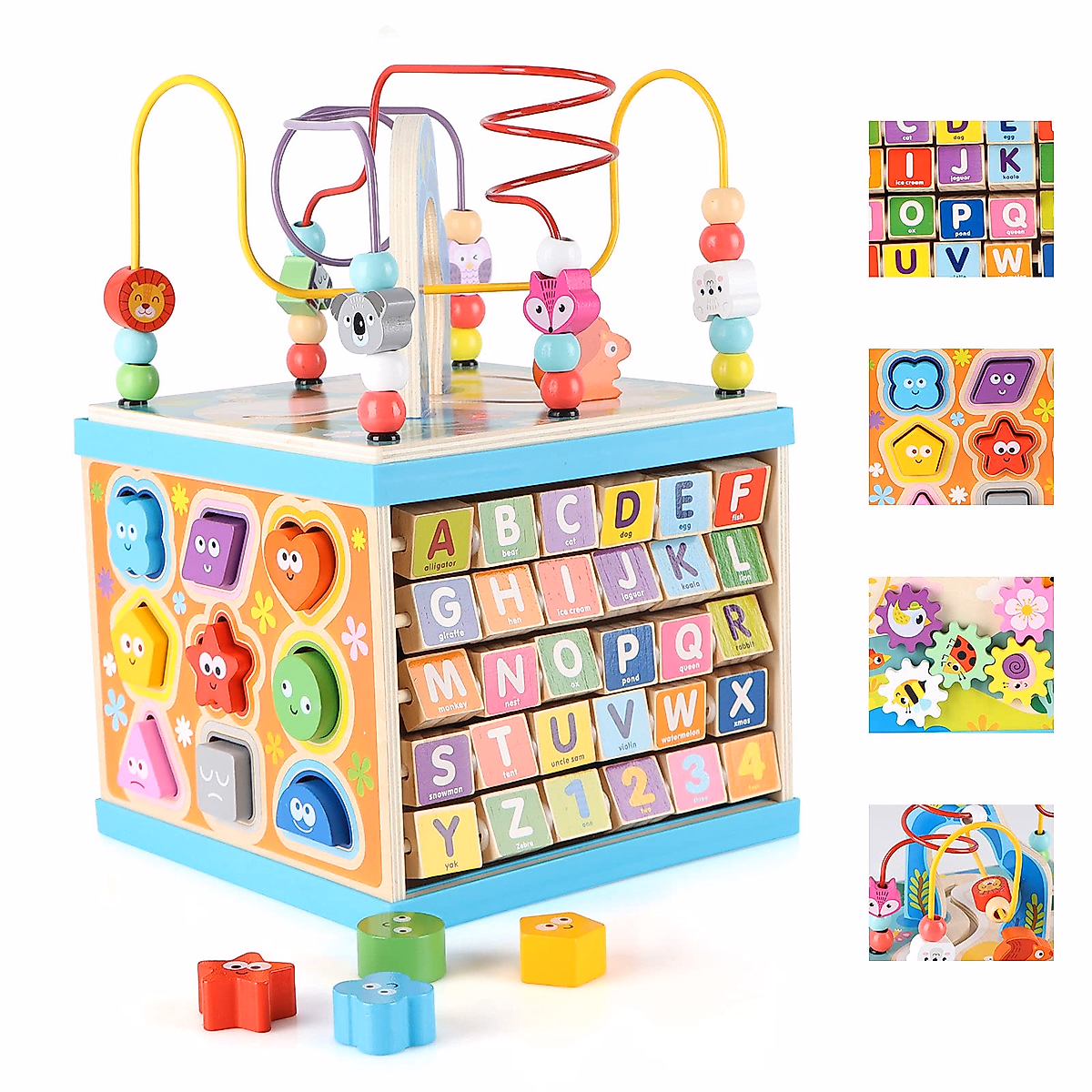 Garlictoys Wooden Activity Cube for 1 2 3 Year Old Kids,5 in 1 Multipurpose ABC-123 Abacus Bead Maze Shape Sorter|Early Educational Toy for Toddlers-Toys for 1 Year Old Boys Girls