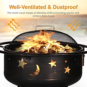 Wood Burning Fire Pit with Grill for Outside 30 Inch Outdoor Firepit with Cooking Grate Large Round Fire Pit Bowl with Poker & Spark Screen for Patio Lawn Backyard BBQ,Star & Moon Cutouts Pattern