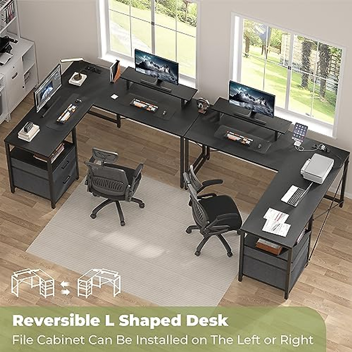 Homieasy L Shaped Computer Desk with Storage File Drawer, Reversible Home Office Desk with Recessed Power Strip and Led Strip, Corner Gaming Desk Work Study Table with Monitor Stand, Black